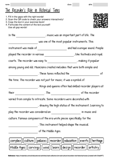 Worksheet with the topic "The Recorder's Role in Historical Tunes ...