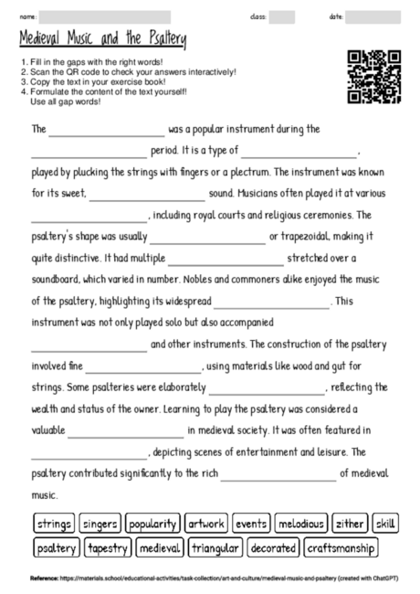 Worksheet with the topic "Medieval Music and the Psaltery" | MATERIALS ...
