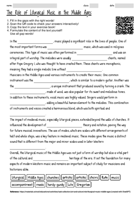 Worksheet with the topic "The Role of Liturgical Music in the Middle ...