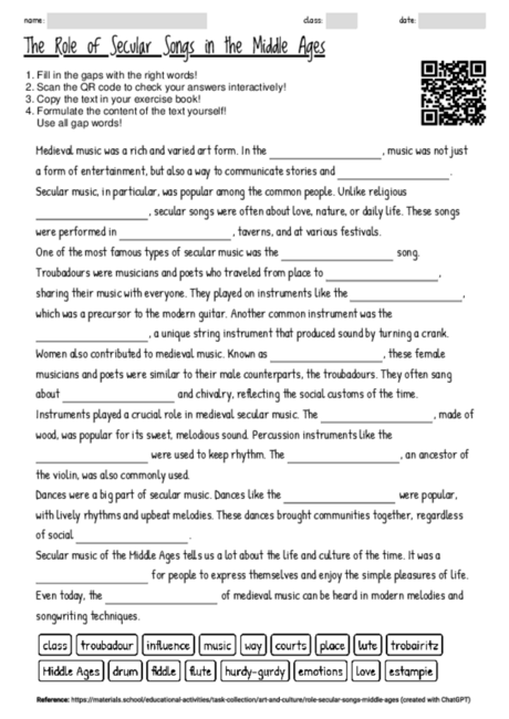 Worksheet with the topic "The Role of Secular Songs in the Middle Ages ...