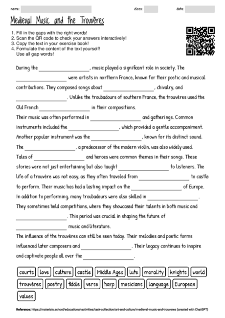 Worksheet with the topic "Medieval Music and the Trouvères" | MATERIALS ...