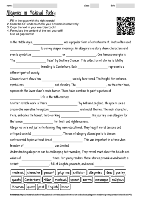 Worksheet with the topic "Allegories in Medieval Poetry" | MATERIALS.SCHOOL