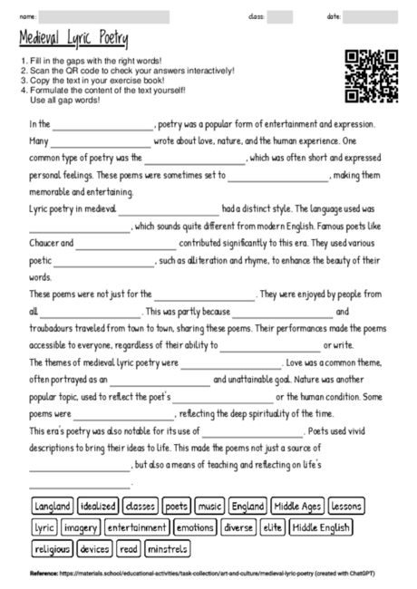 Worksheet with the topic "Medieval Lyric Poetry" | MATERIALS.SCHOOL