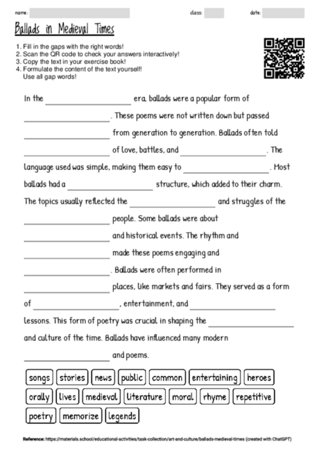 Worksheet with the topic "Ballads in Medieval Times" | MATERIALS.SCHOOL