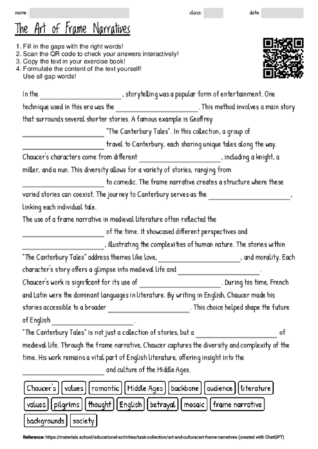 Worksheet with the topic "The Art of Frame Narratives" | MATERIALS.SCHOOL