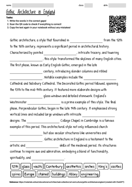 Worksheet with the topic " Gothic Architecture in England" | MATERIALS ...