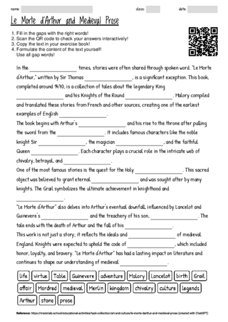 Worksheet with the topic "Le Morte d'Arthur and Medieval Prose ...