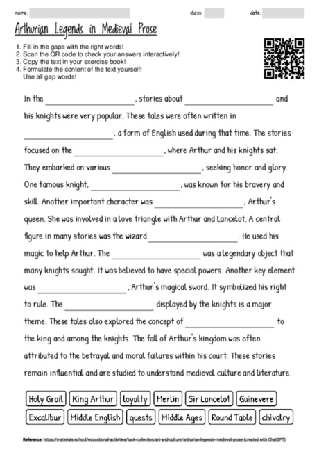 Worksheet with the topic "Arthurian Legends in Medieval Prose ...