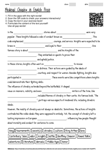 Worksheet with the topic "Medieval Chivalry in English Prose ...