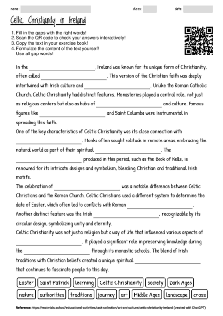 Worksheet with the topic "Celtic Christianity in Ireland" | MATERIALS ...