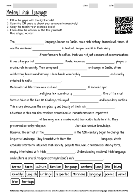 Worksheet with the topic "Medieval Irish Language" | MATERIALS.SCHOOL