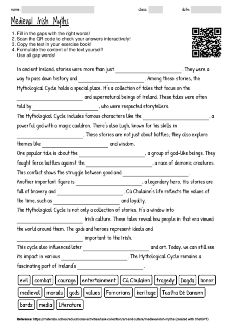 Worksheet with the topic "Medieval Irish Myths" | MATERIALS.SCHOOL