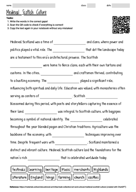Worksheet with the topic "Medieval Scottish Culture" | MATERIALS.SCHOOL