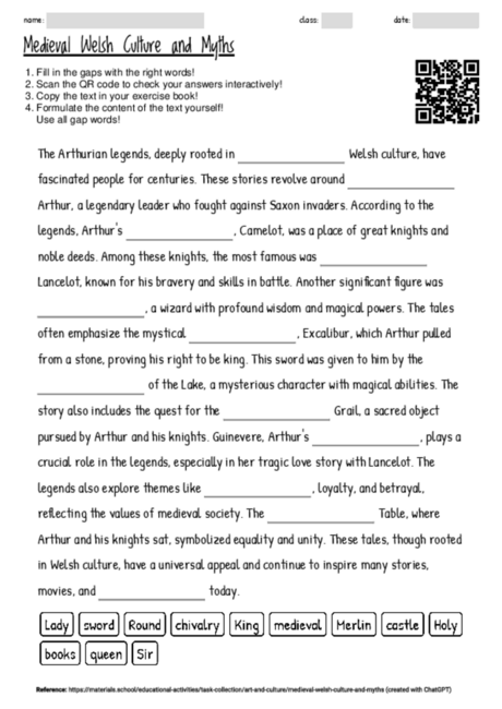 Worksheet with the topic "Medieval Welsh Culture and Myths" | MATERIALS ...