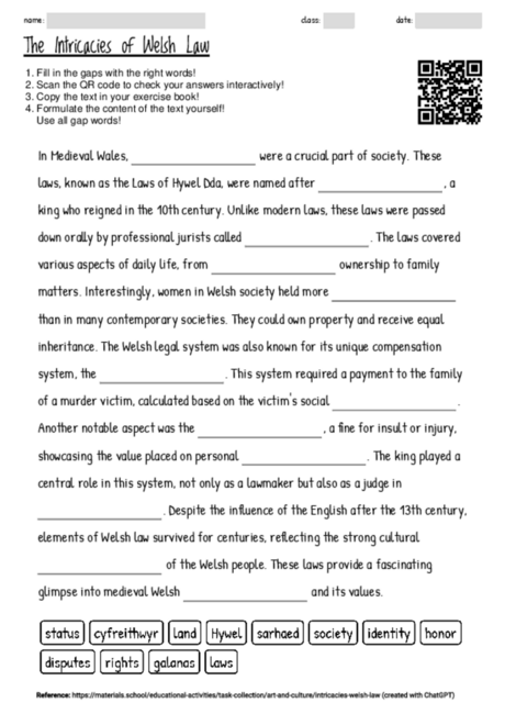Worksheet with the topic "The Intricacies of Welsh Law" | MATERIALS.SCHOOL
