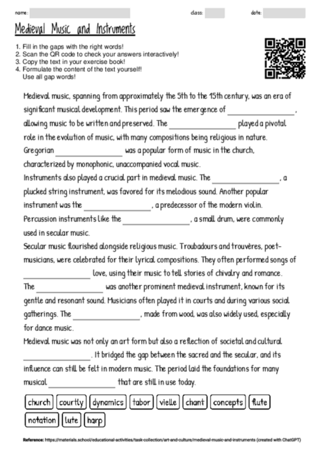 Worksheet with the topic "Medieval Music and Instruments" | MATERIALS ...