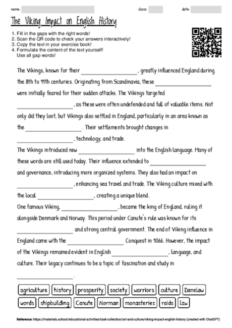 Worksheet with the topic "The Viking Impact on English History ...