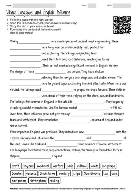 Worksheet with the topic "Viking Longships and English Influence ...