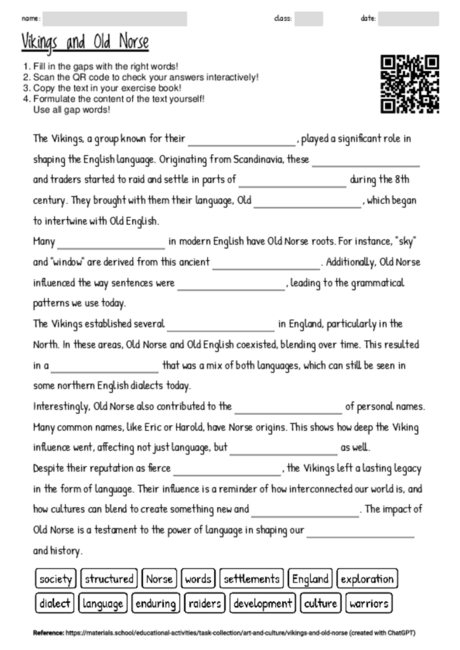 Worksheet with the topic "Vikings and Old Norse" | MATERIALS.SCHOOL