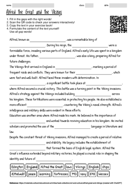 Worksheet with the topic "Alfred the Great and the Vikings" | MATERIALS ...