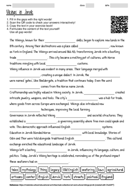Worksheet with the topic "Vikings in Jorvik" | MATERIALS.SCHOOL