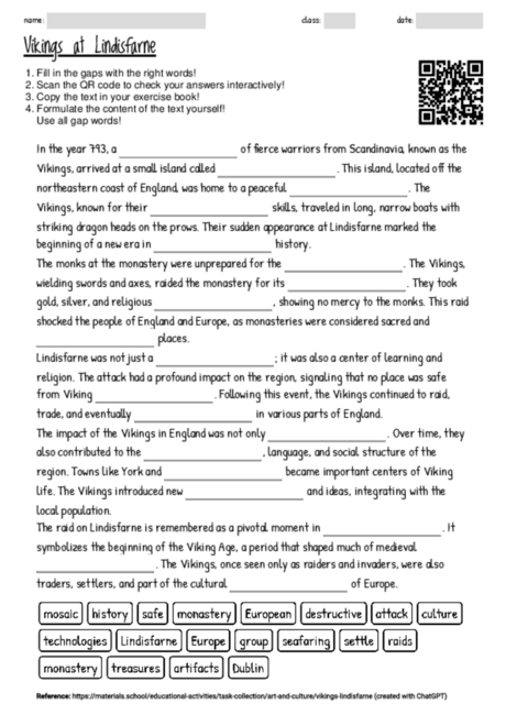 Worksheet with the topic "Vikings at Lindisfarne" | MATERIALS.SCHOOL