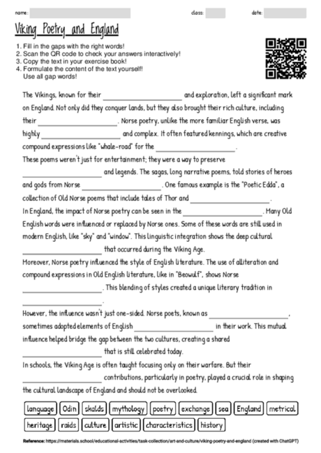 Worksheet with the topic "Viking Poetry and England" | MATERIALS.SCHOOL