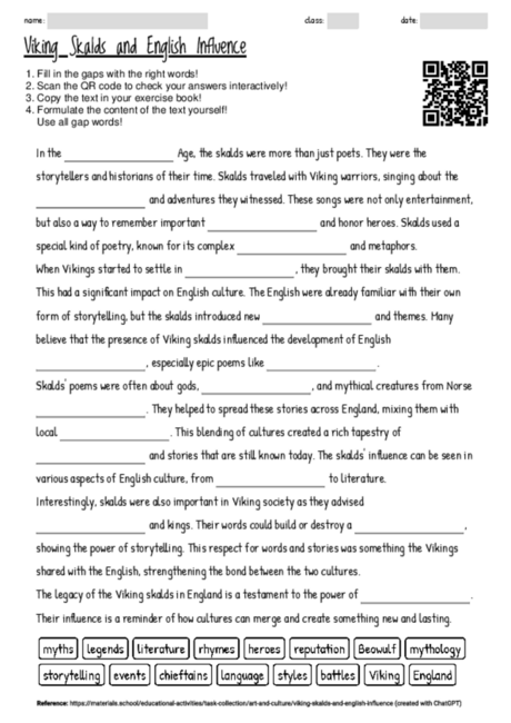 Worksheet with the topic "Viking Skalds and English Influence ...