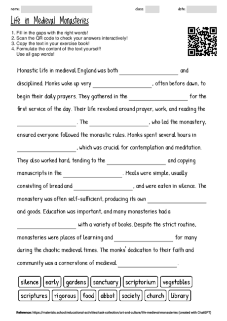 Worksheet with the topic "Life in Medieval Monasteries" | MATERIALS.SCHOOL