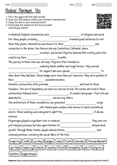 Worksheet with the topic "Medieval Pilgrimage Sites" | MATERIALS.SCHOOL