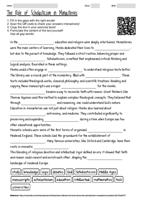 Worksheet with the topic "The Role of Scholasticism in Monasteries ...