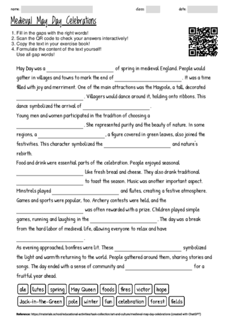 Worksheet with the topic "Medieval May Day Celebrations" | MATERIALS.SCHOOL