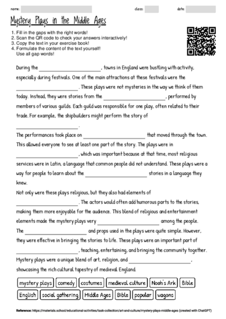 Worksheet with the topic "Mystery Plays in the Middle Ages" | MATERIALS ...