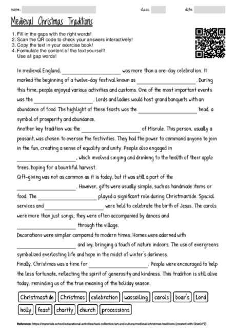 Worksheet with the topic "Medieval Christmas Traditions" | MATERIALS.SCHOOL