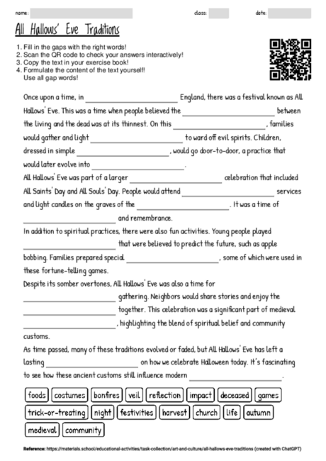 Worksheet with the topic "All Hallows' Eve Traditions" | MATERIALS.SCHOOL