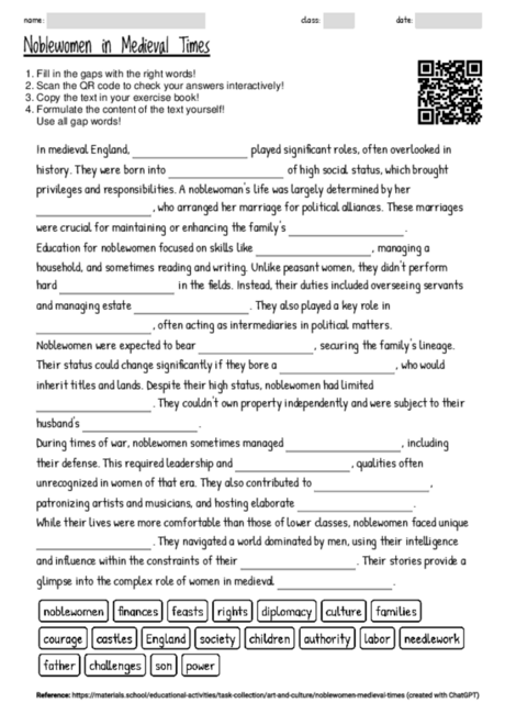 Worksheet with the topic "Noblewomen in Medieval Times" | MATERIALS.SCHOOL