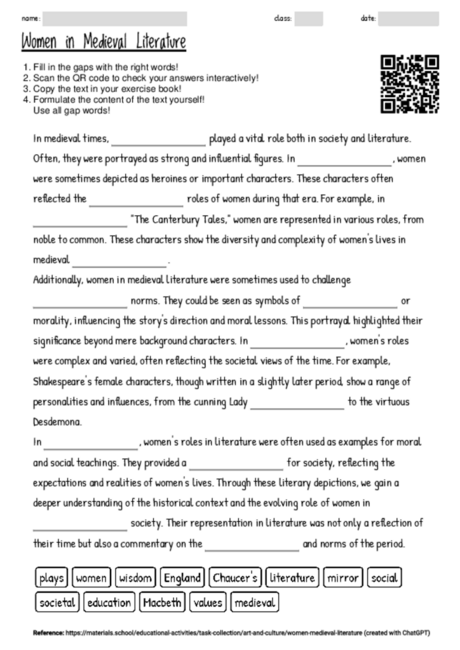 Worksheet with the topic "Women in Medieval Literature" | MATERIALS.SCHOOL