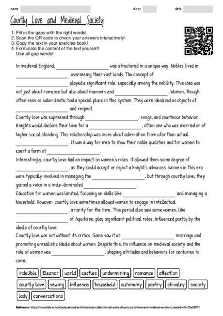Worksheet with the topic "Courtly Love and Medieval Society ...