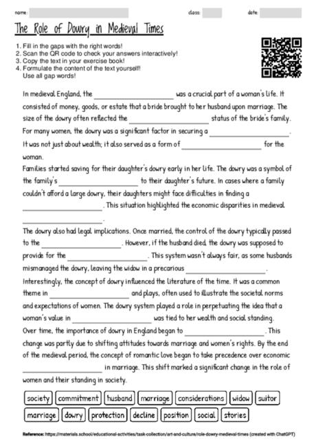 Worksheet with the topic "The Role of Dowry in Medieval Times ...