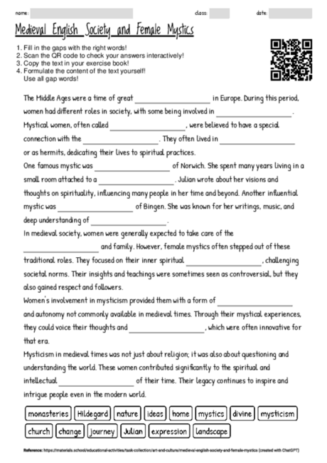 Worksheet with the topic "Medieval English Society and Female Mystics ...