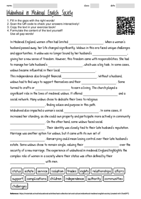 Worksheet with the topic "Widowhood in Medieval English Society ...