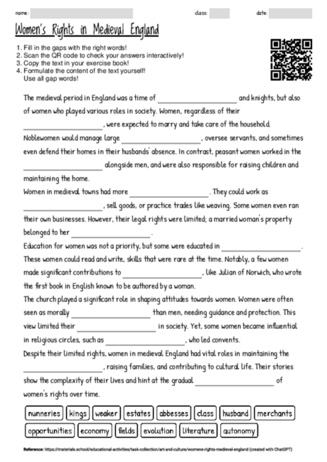 Worksheet with the topic "Women's Rights in Medieval England ...