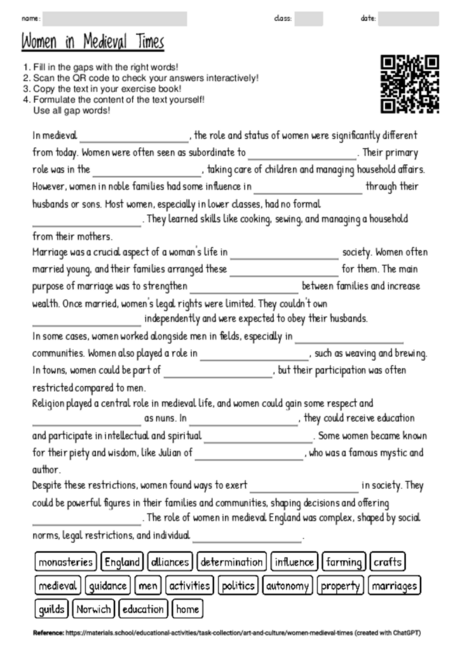 Worksheet with the topic "Women in Medieval Times" | MATERIALS.SCHOOL