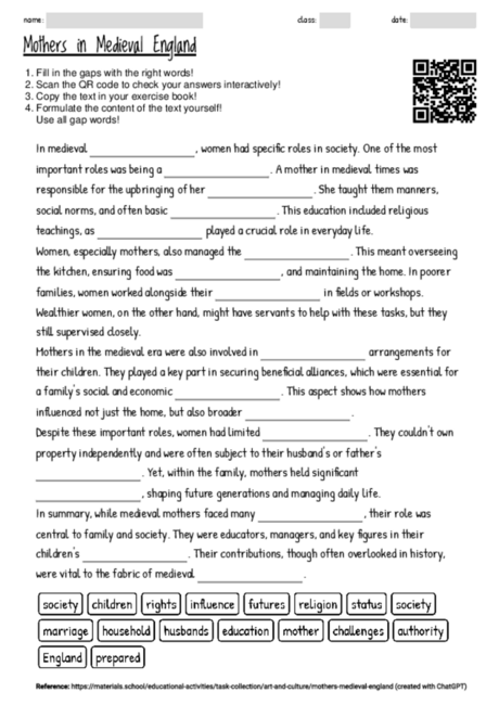Worksheet with the topic "Mothers in Medieval England" | MATERIALS.SCHOOL