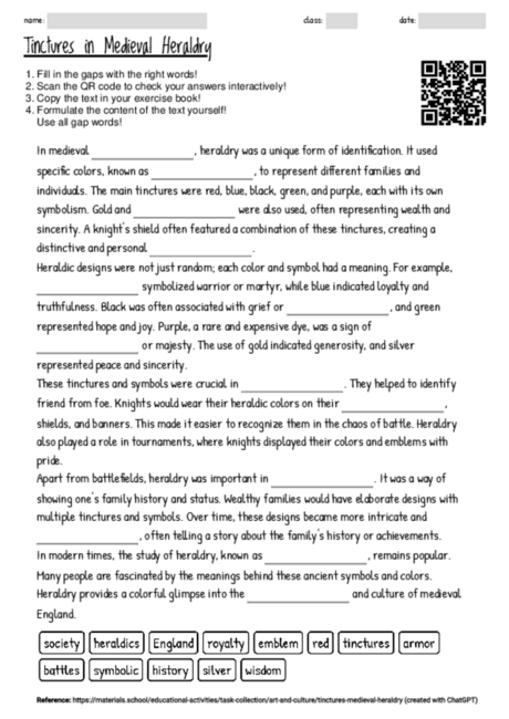 Worksheet with the topic "Tinctures in Medieval Heraldry" | MATERIALS ...