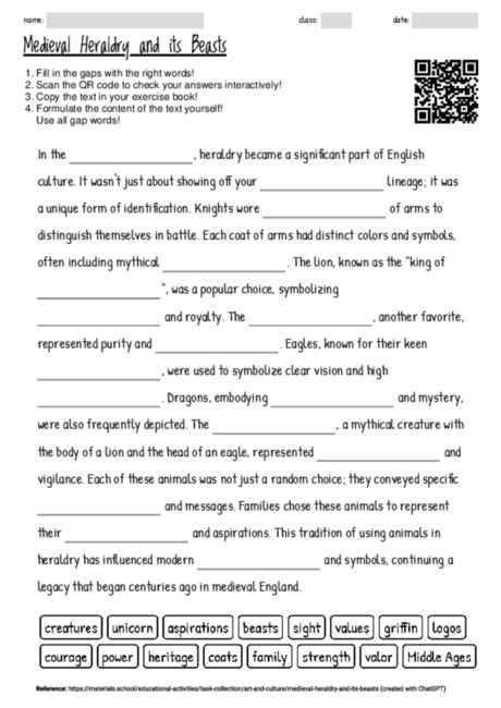 Worksheet with the topic "Medieval Heraldry and its Beasts" | MATERIALS ...