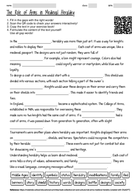 Worksheet with the topic "The Role of Arms in Medieval Heraldry ...