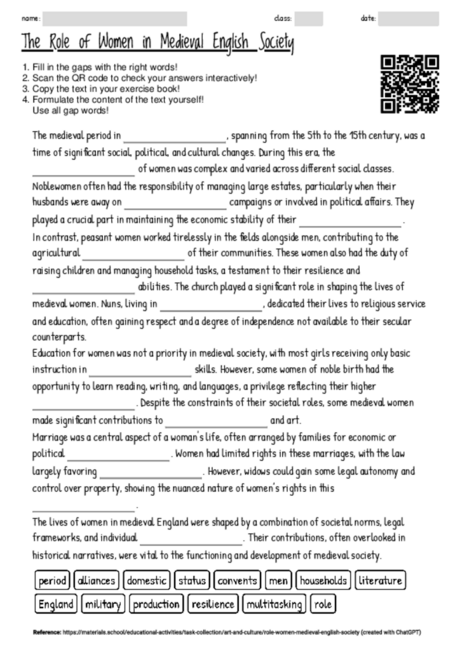 Worksheet with the topic " The Role of Women in Medieval English ...