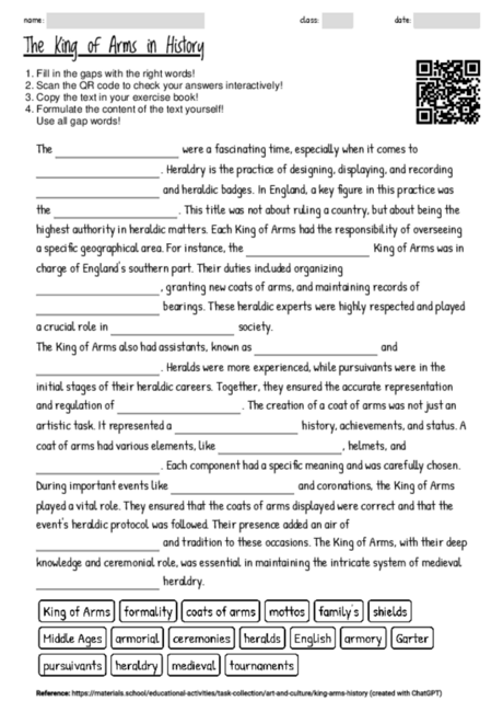 Worksheet with the topic "The King of Arms in History" | MATERIALS.SCHOOL