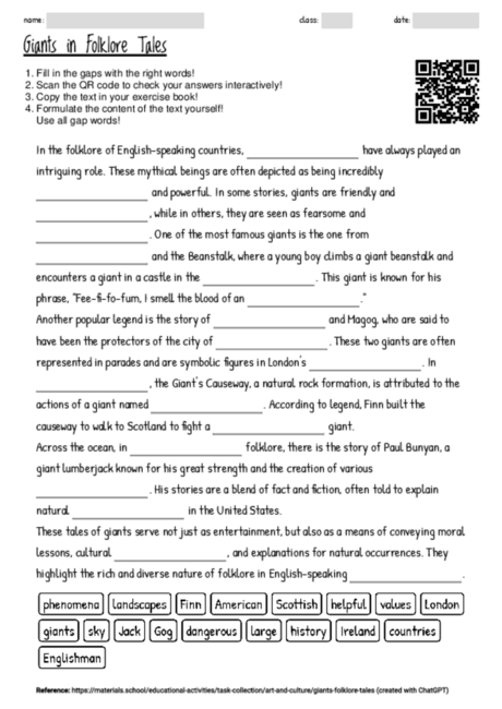 Worksheet with the topic "Giants in Folklore Tales" | MATERIALS.SCHOOL